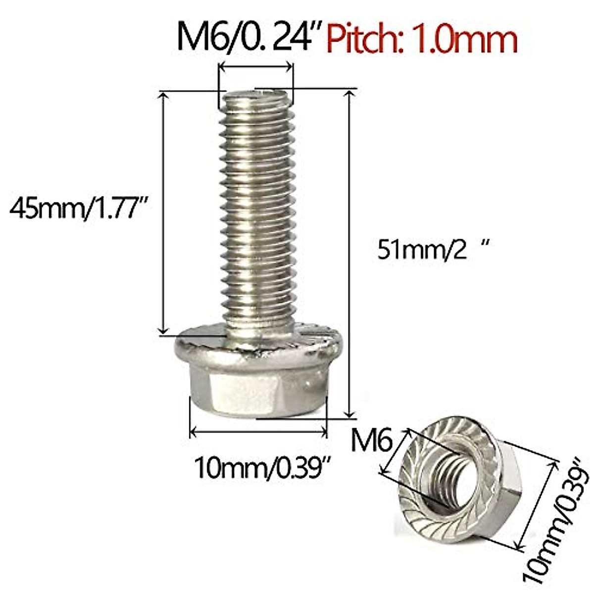 L-A M6-1.0 x 45mm Flanged Hex Head Bolts Hexagon Screws, Serrated Flange Hex Lock Nut, Fully Threaded, 304 Stainless Steel A2-70（10 Set）