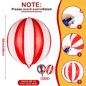12 Pcs 22 Inch Big Carnival Decorations Carnival Theme Party Decorations Aluminum Circus Decorations 360 Degree 4D Carnival Balloons Halloween Carnival Birthday Party Supplies (Red White, Red Blue)