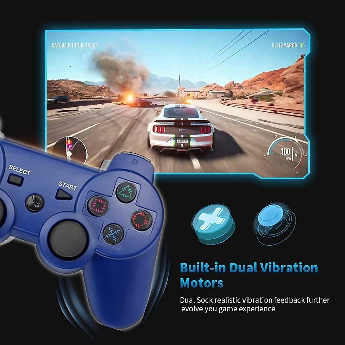 Rzzhgzq 2 Pack PS3 Wireless Controller Playstation 3 Controller Wireless Bluetooth Gamepad with USB Charger Cable for PS3 Console (BLUE+SILVER)