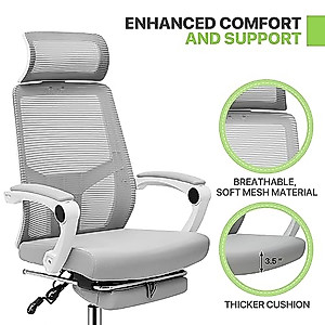 Ergonomic Office Chair with Footrest, High Back Mesh Gaming Desk Chair with Headrest, Swivel Rolling Home Chair with Lumbar Support and Flip-up Armrest, Grey