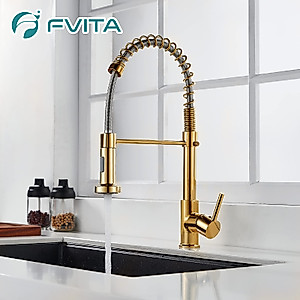 FVITA Polished Gold Kitchen Faucet with Pull Down Sprayer,Lead-Free Solid Brass 16.1'' Kitchen Sink Faucet Single Handle Spring Swan Neck Faucet High Arc Single Hole Faucet for Kitchen Sink