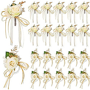 20 Pcs Rose Wrist Corsage and Boutonniere Set Flower Wrist Corsage Wristlet Band Bracelet Bridegroom Men's Boutonniere Wedding Wristlet Hand Flower for Prom Party Bouquets Accessories (Champagne)