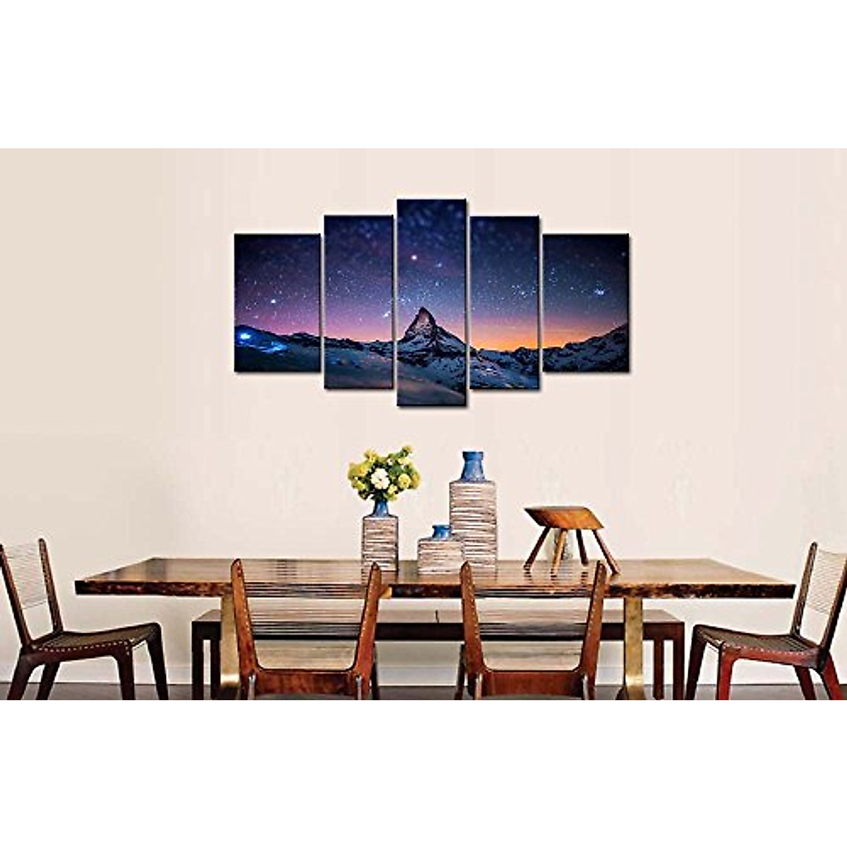 5 Piece Starry Night Sky Wall Art Purple Star Skyline Over The Mountain Painting Prints On Canvas The Picture Landscape Artwork for Home Modern Decoration Print Decor for Living Room