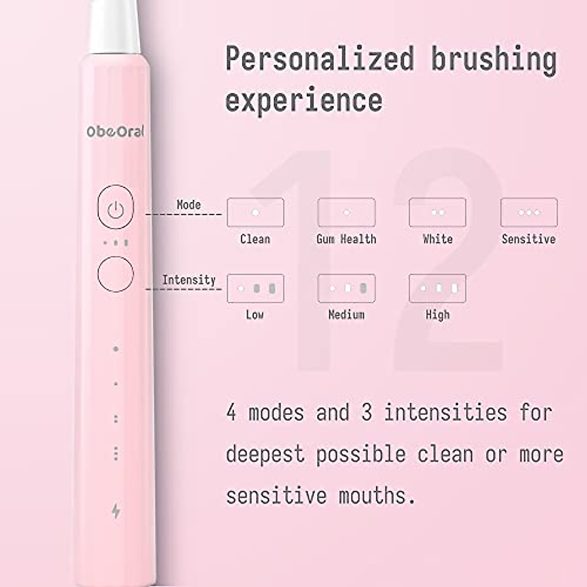 ObeOral Sonic Electric Toothbrush, 12 Modes Rechargeable Tooth Brush with 4 Dupont Bristles, Smart Timer, Whitening Electric Toothbrushes for Adults and Kids 8+, Light Pink
