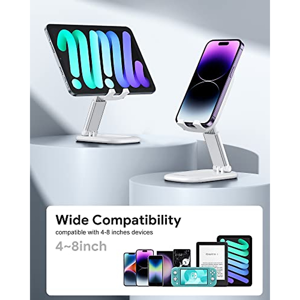 OMOTON Foldable Cell Phone Stand, Fully Portable Phone Stand for Deak Cell Phones Accessories, Height Adjustable Mobile Phone Holder Stand with Charging Hole, Compatible with All Smart Phones, White