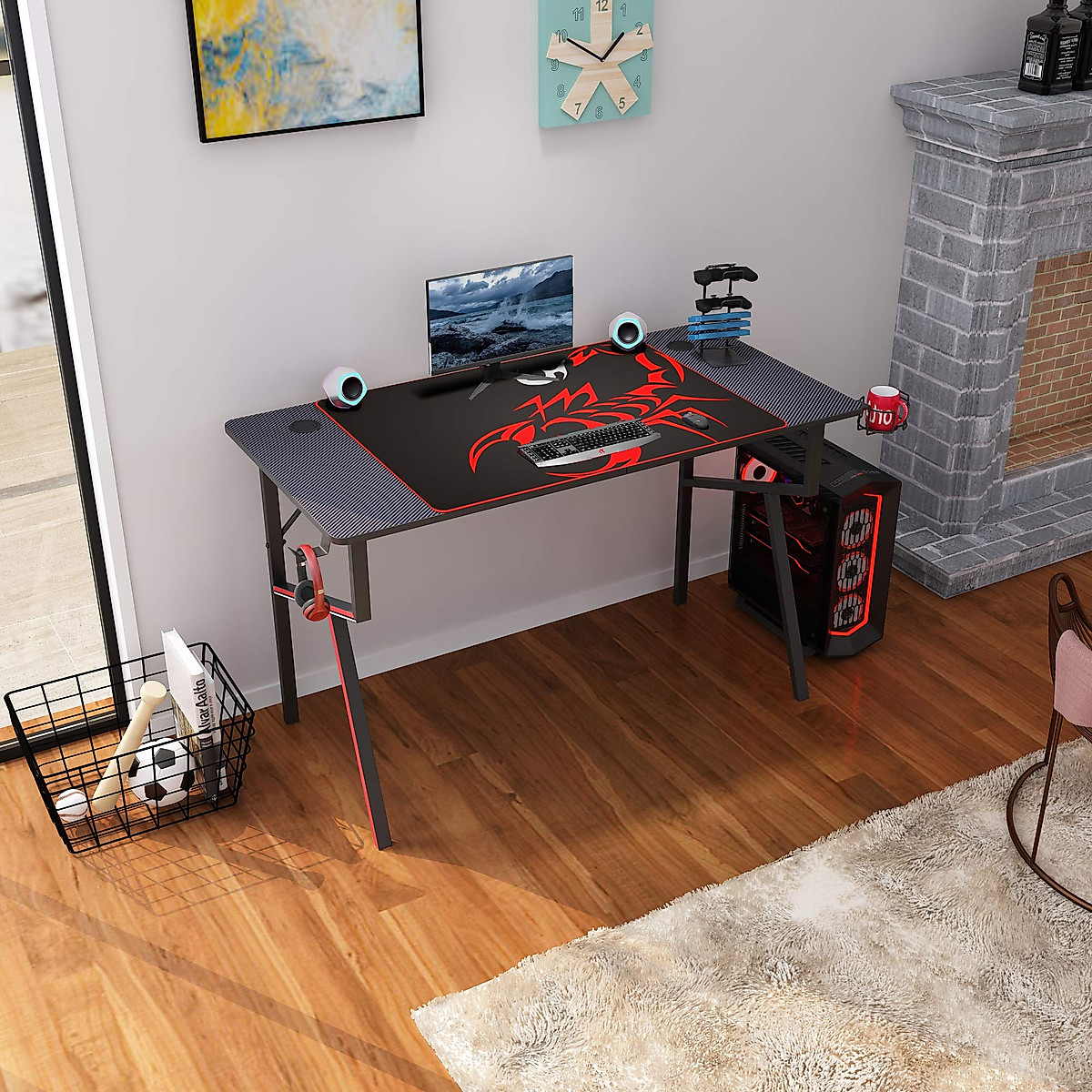 DESIGNA Gaming Desk 47'', K-Shaped Computer Desk, Office Desk Gamer Style with Mouse Pad, Cup Holder, Headphone Hook, Controller Stand, Easy to Assemble, Carbon Fiber Desktop, Black
