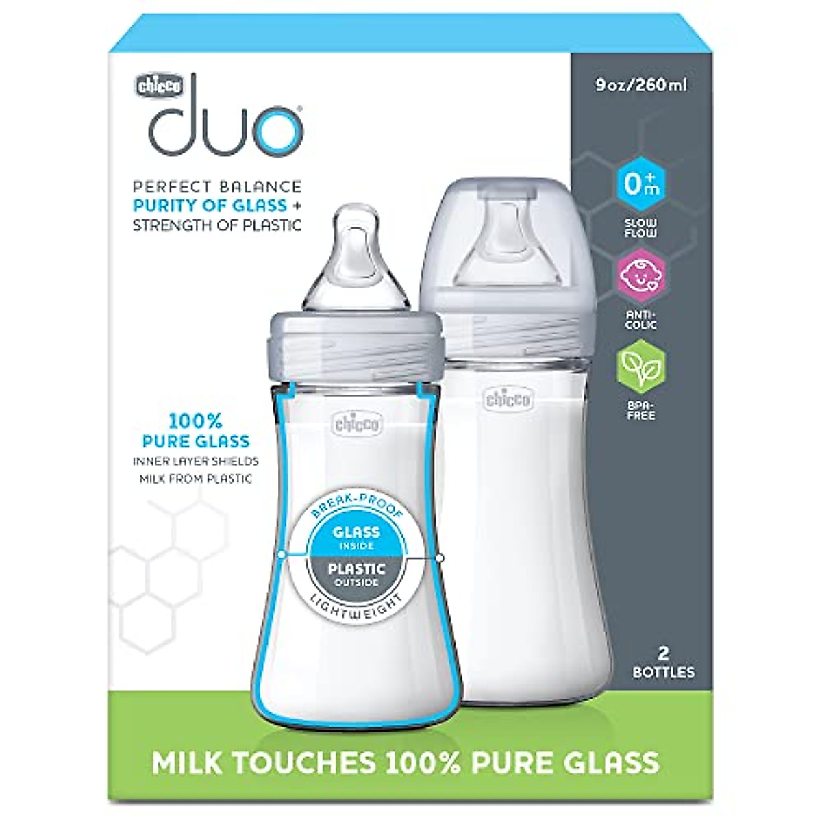 Chicco Duo 9oz. Hybrid Baby Bottle with Invinci-Glass Inside/Plastic Outside 2 Count (Pack of 1) with Slow Flow Anti-Colic Nipple - Clear/Grey