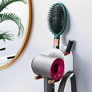 ZZ LIFE Hair Dryer Holder With Caddy and Plug Hook, Wall Mount Hair Dryer Rack Organizer Stand with Storage and Cable Management, for Bedroom, Bathroom, Salon (White)