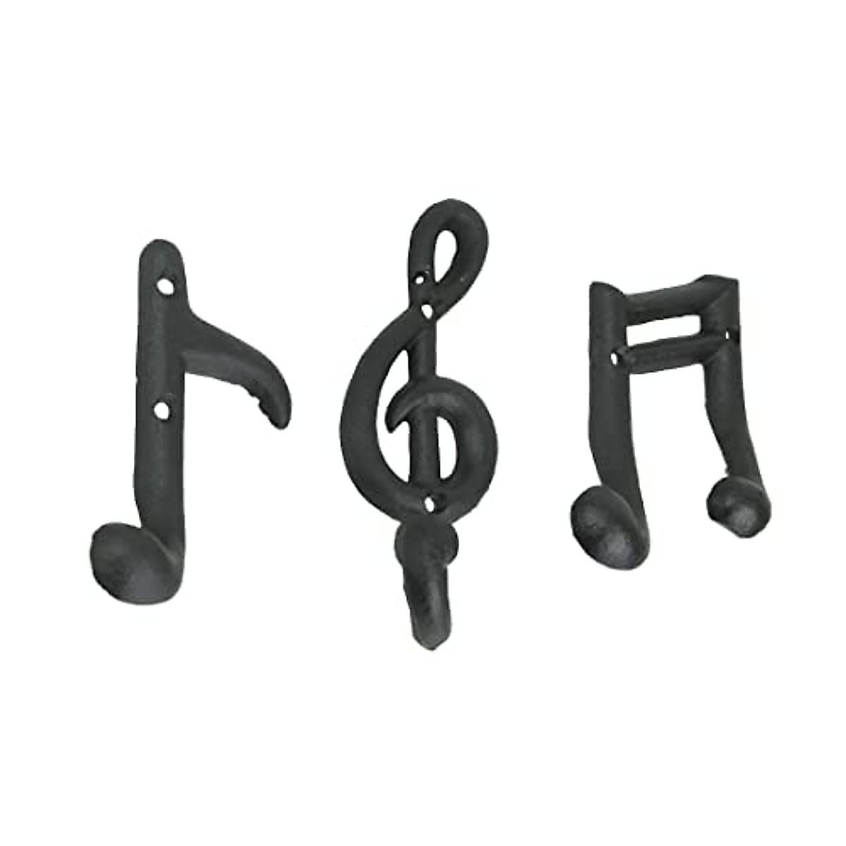 Zeckos Harmonious Melodies - Set of 3 Black Finish Cast Iron Musical Note Wall Hooks for Decorative Music Room Ensemble - 6 Inches High - Elegant Home Decor Accent