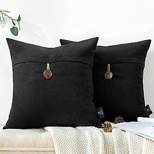 Phantoscope Pack of 2 Farmhouse Throw Pillow Covers Premium Coconut Button Vintage Linen Solid Decorative Pillow Cover for Couch Bed and Chair Black 18 x 18 inches 45 x 45 cm