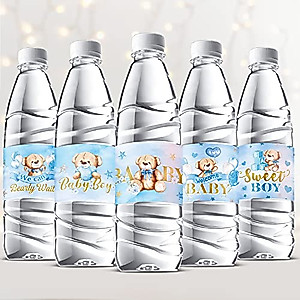 Clabby 39 Pieces Water Bottle Labels, Stickers Wrappers Waterproof Labels for Baby Shower Party Decoration (Blue, Bear Style), 1.0 Count