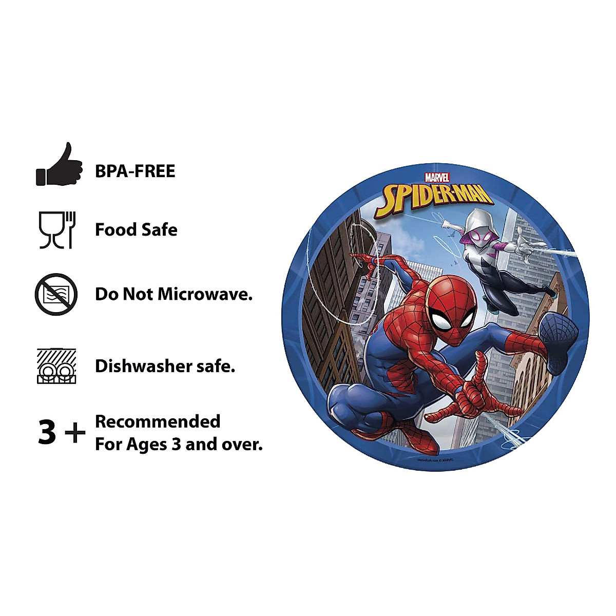 zak! 5-Piece Dinnerware Set, Marvel Spider-Man - Durable Plastic & Stainless Steel - Includes Tumbler, 8-Inch Plate, 6-Inch Bowl, Fork & Spoon - Suitable for Kids Ages 3+