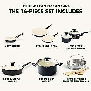 GreenPan Rio Healthy Ceramic Nonstick 16 Piece Cookware Pots and Pans Set, PFAS-Free, Dishwasher Safe, Black
