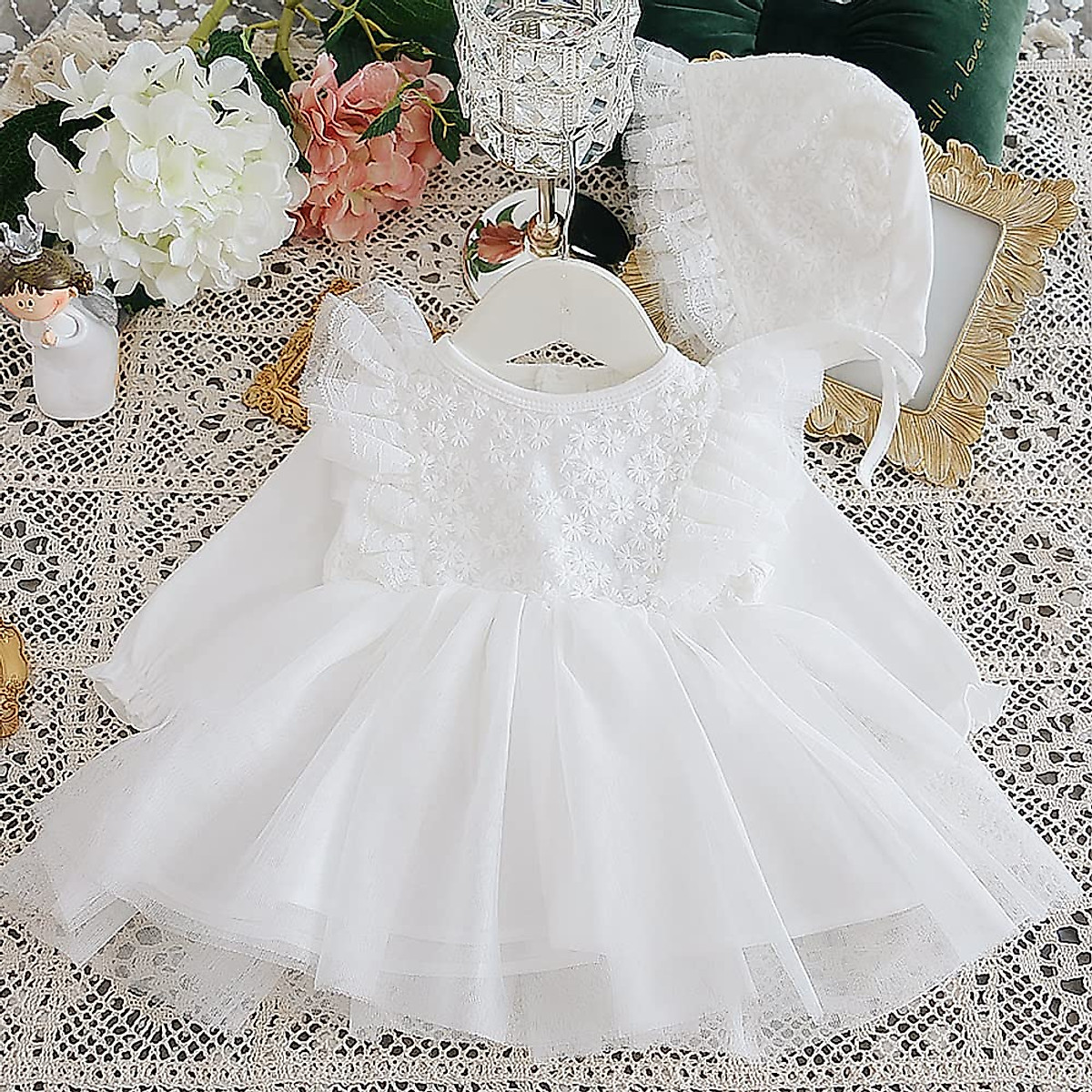 Curipeer Baby Girl Christening Lace Dress Cute Infant Birthday Wedding Flower Dress White 3-6 Months