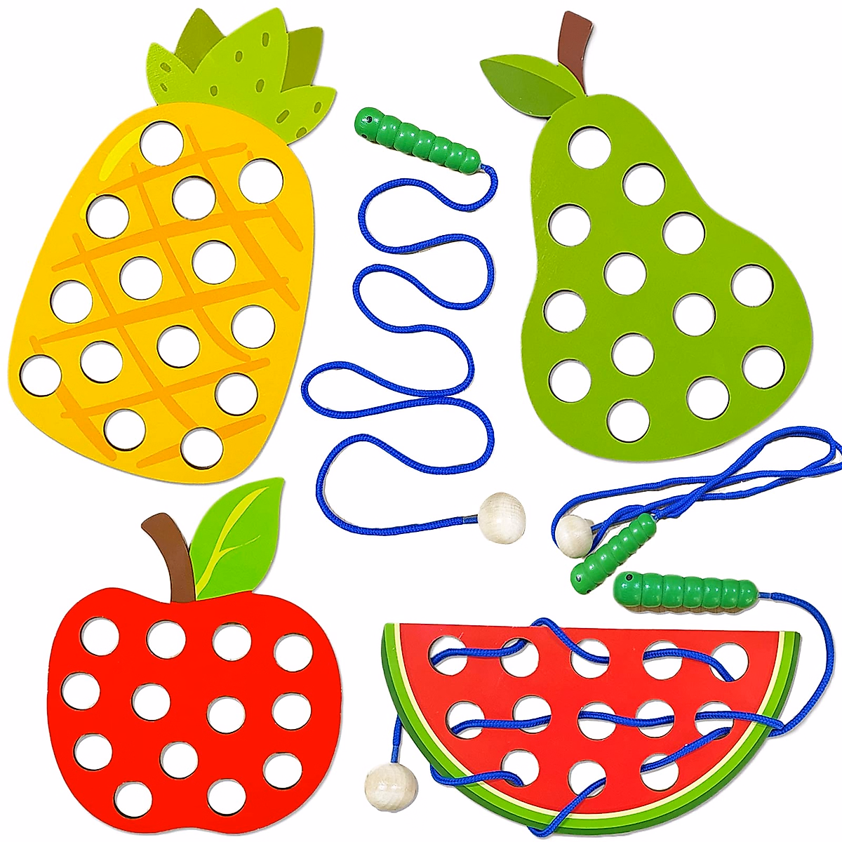 4 Pack Wooden Lacing Toy,Educational Threading Activity Puzzles,Learning Fine Motor Skill Travel Toy,Wooden Fruit Threading Set for Toddlers Kids 3 4 5 Year 1 Apple,1 Watermelon,1 Pineapple,1 Pear