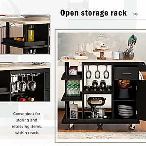 Blomed Multipurpose Kitchen Cart Cabinet with Side Storage Shelves,Rubber Wood Top, Adjustable Storage Shelves, 5 Wheels, Kitchen Storage Island with Wine Rack for Dining Room, Home,Bar,Black