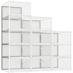 Pinkpum Shoe Storage Boxes, Shoe Organizer for Closet Clear, Shoe Boxes Clear Plastic Stackable, Folable Storage Bins with Lids,12 Pack