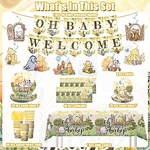 150pcs Bear Baby Shower Decorations Tableware Set, Oh Baby Pooh Plates and Napkins Banner Set Bear Baby Shower Decorations, Classic Pooh Baby Shower Decorations for Boys Girls Newborn
