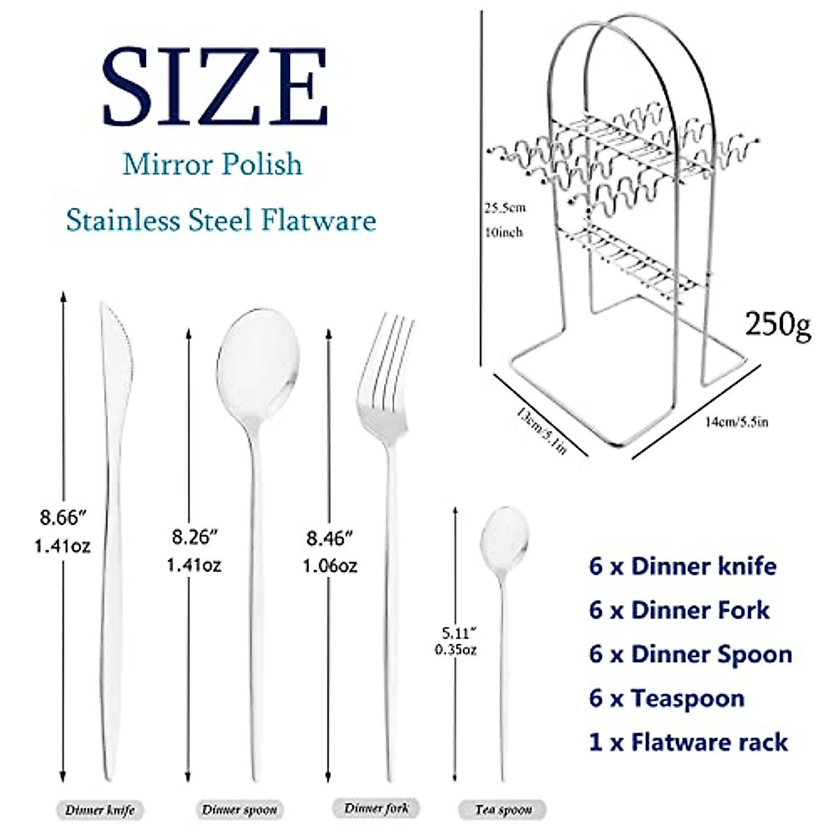 24-Piece Mirror Silver Cutlery Set, Snplowum Stainless Steel Flatware Hanging Tableware Silverware Set Include Knife/Fork/Spoon/Teaspoon and Storage Rack For Daily Use, Service For 6