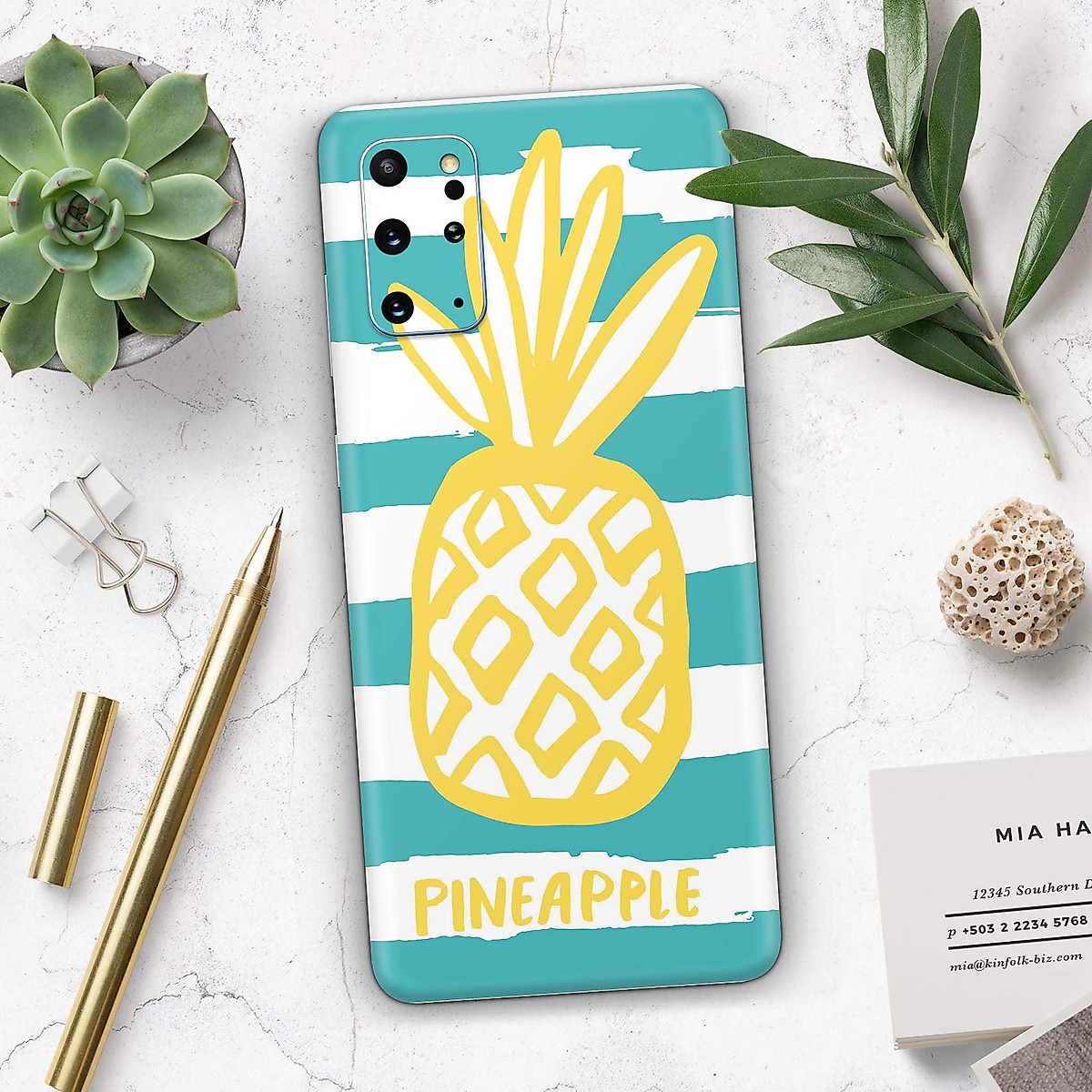 DesignSkinz Striped Mint and Gold Pineapple Protective Vinyl Decal Wrap Skin Cover Compatible with The Samsung Galaxy S20 (Screen Trim & Back Glass Skin)