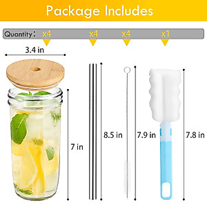 4 Pack Glass Cups with Lid and Straw, 24oz Boba Tea Cups, Wide Mouth Smoothie Cups, Reusable Drinking Glasses with Bamboo Lids for Beer, Boba Tea, Juice, Smoothie