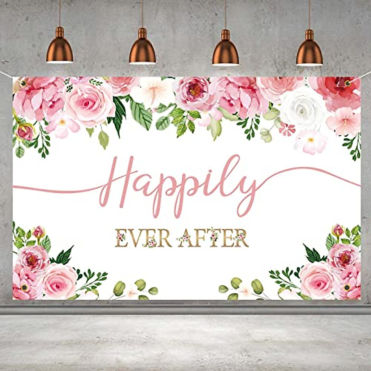P.G Collin Happily Ever After Floral Banner Backdrop Sign Wedding Bridal Shower Engagement Bachelorette Party Decorations Supplies for Women 6 x 4ft Pink Pink Happily