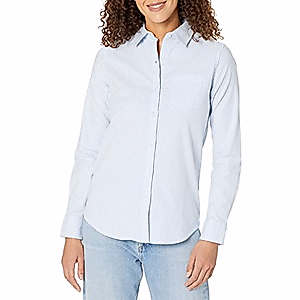 Amazon Essentials Women's Long Sleeve Button Down Stretch Oxford Shirt (Available in Plus Size), Blue/White/Stripe, Large