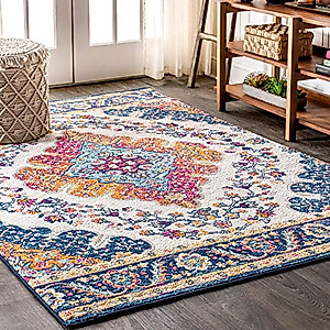 JONATHAN Y BMF106A-4 Bohemian Flair Boho Vintage Medallion Blue/Multi 4 ft. x 6 ft. Area-Rug, Vintage, Easy-Cleaning, for Bedroom, Kitchen, Living Room, Non Shedding