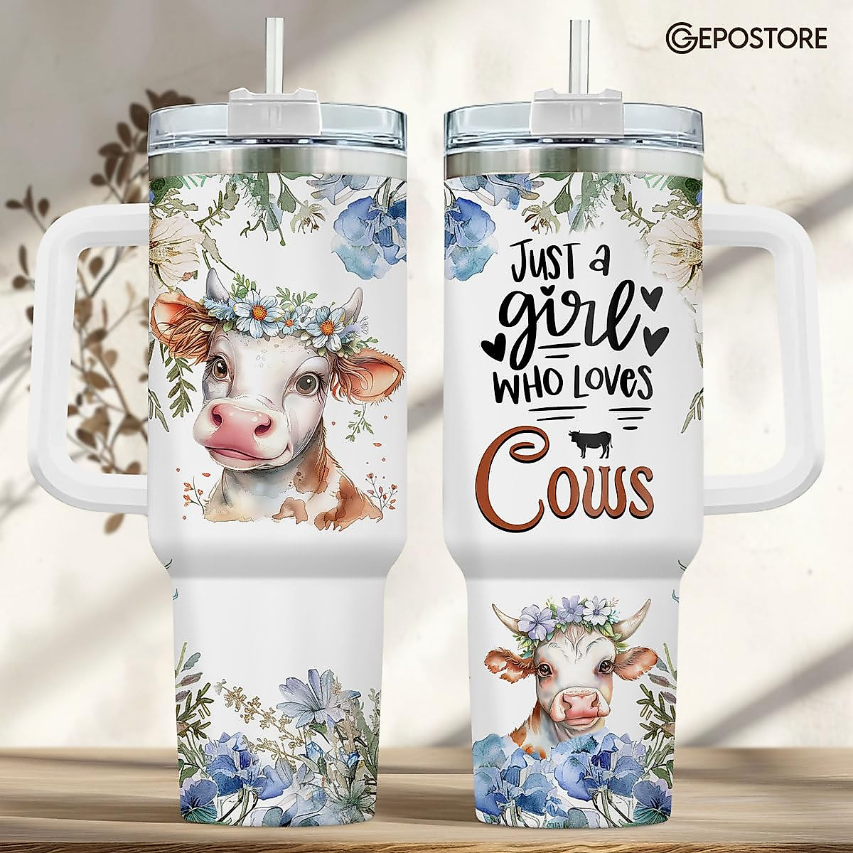 GEPOSTORE Christmas Gifts for Women Teens Girls, Just A Girl Who Loves Cow Tumbler 40oz with Handle, Cute Cow Travel Mug, Birthday Gifts for Farm Animal Lover