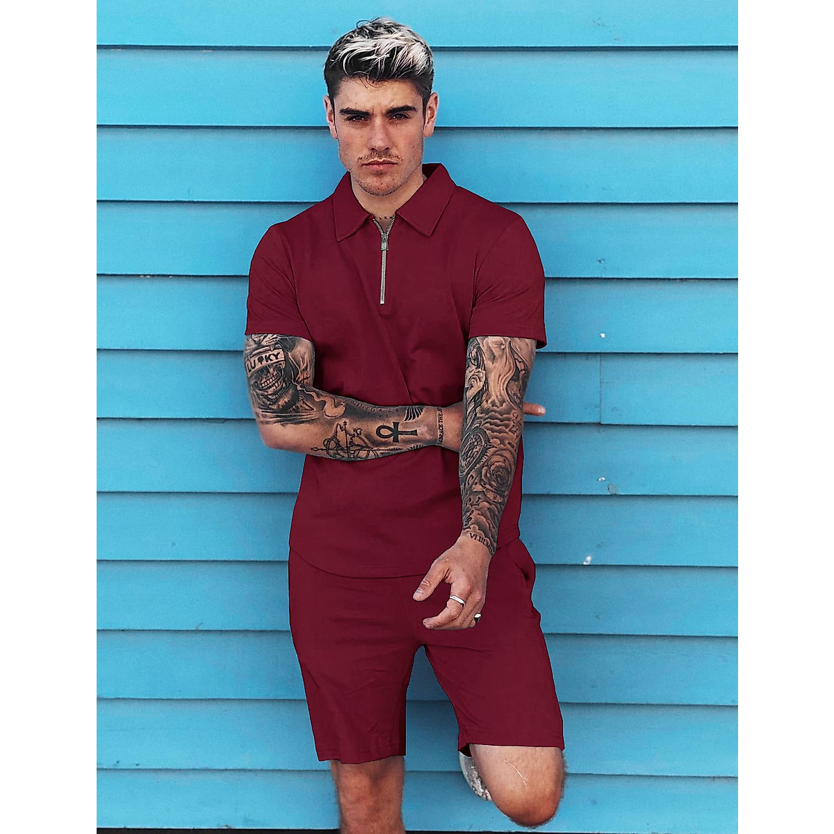 URRU Men's Classic Short Sleeve Polo Shirt Sets Zipper Casual Slim Fit Cotton Tracksuit Wine Red M