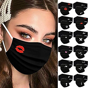 Mikilon, 50 Pcs Adults Black Disposable Face Masks for Women Men with Designs Printed Breathable Full Face Cover Protection 3 Ply (Red Heart), One Size