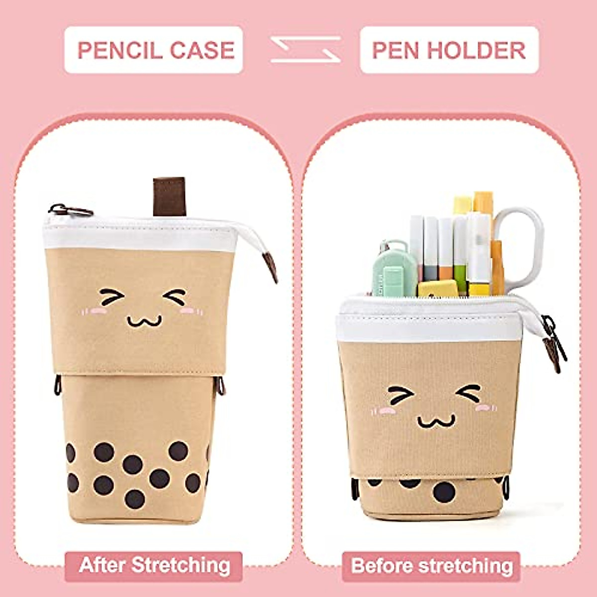ZITIANY Cute Pencil Case Sliding Unique Telescopic Pencil Bag Milk Tea Shape Retractable Storage Bag Cosmetic Bag 1PC, Brown, Stationery