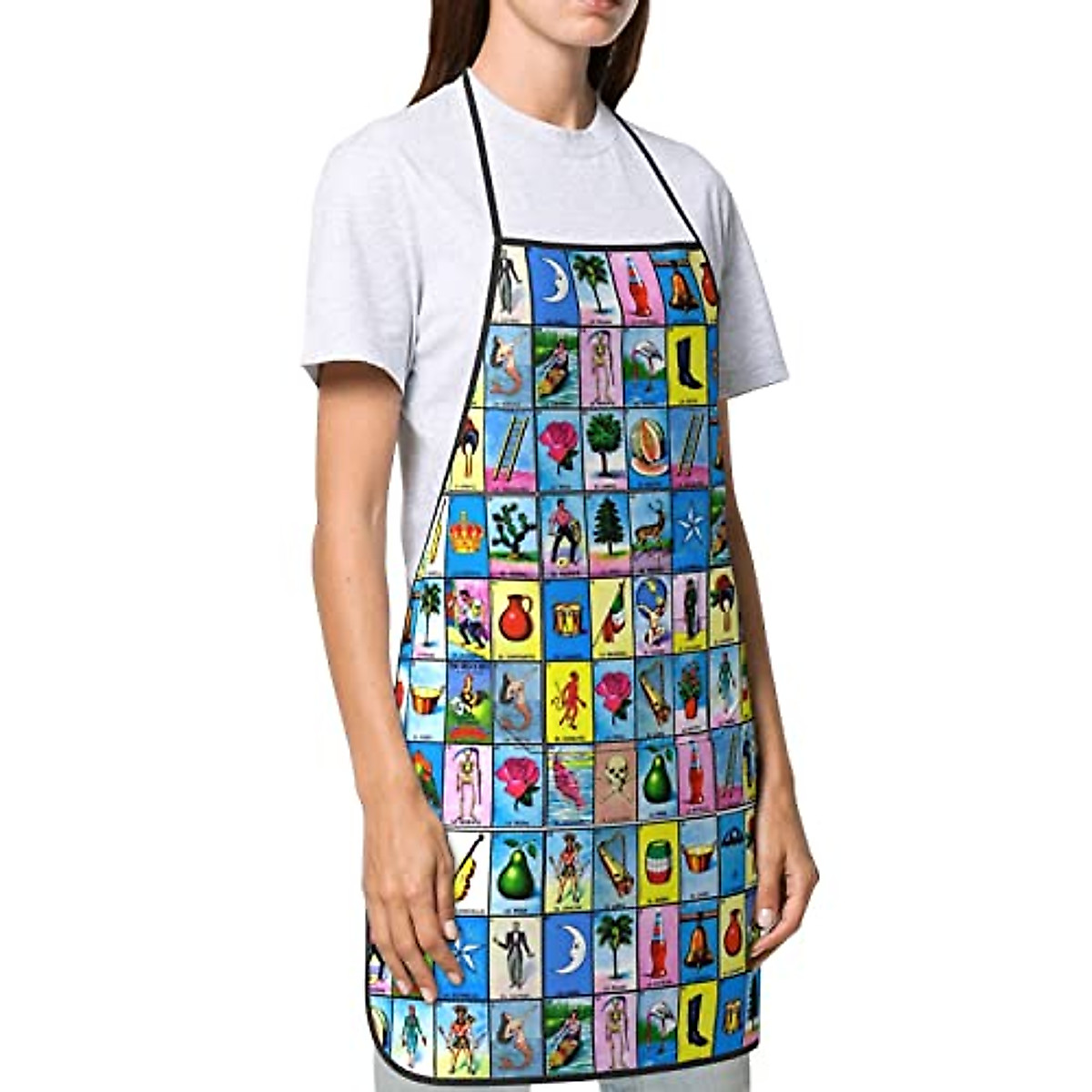 GregTins Colorful Mexican Loteria Cards Apron Bib Apron With Pocket Funny Kitchen Aprons For Women Chef Cooking Bbq Drawing