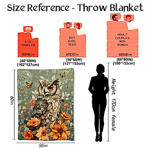 Orange Floral and Owl Throw Blanket Bedding Gifts, for Girls Boys Kids, 50x60 in, Woodland Wisdom Animal Themed Flannel Blankets for Bed, Travel, Camping, Sofa, Room Decor, Cozy Warm Plush Soft