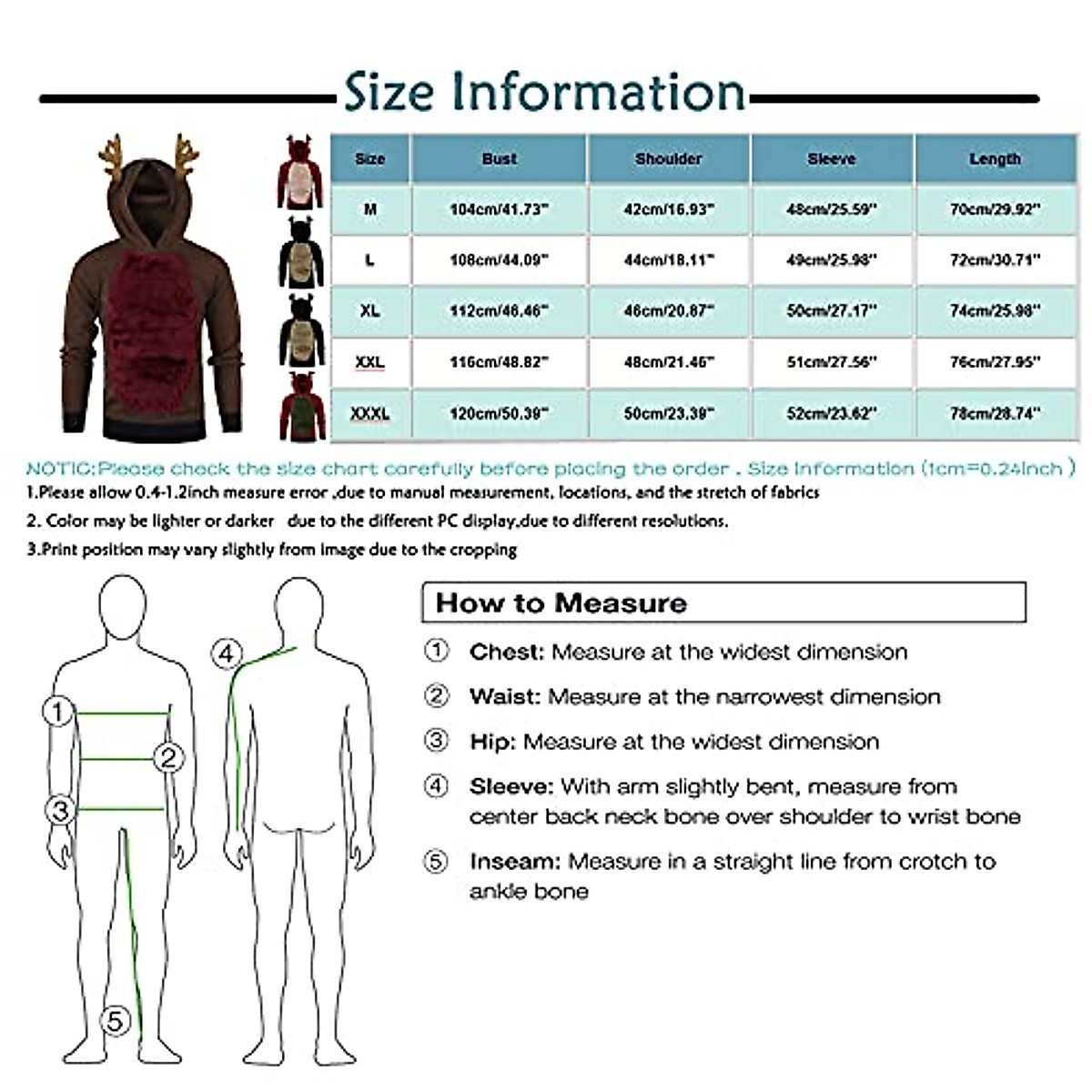 raillery Christmas Hoodie for Men 3D Xmas Reindeer Fleece Hooded Pullover Autumn Winter Hooded Sweatshirt Holiday Sweatshirts