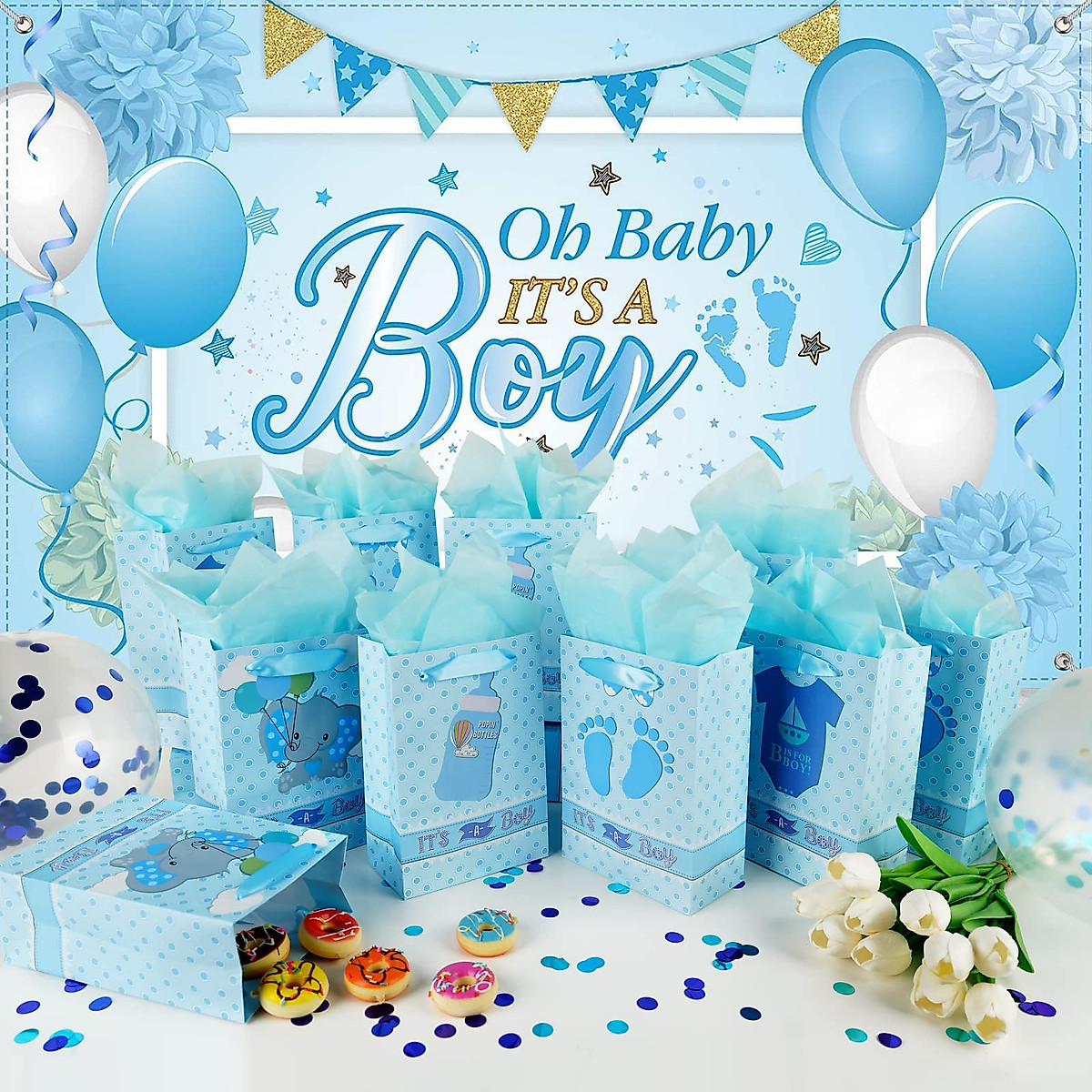 Dragonfy 16 PCS Baby Shower Bags for Boys - Medium Paper Gift Bags with Gift Wrapping Paper, Baby Shower Party Favors for Guests Baby Birthday Treat Bags(It’s a Boy!), blue