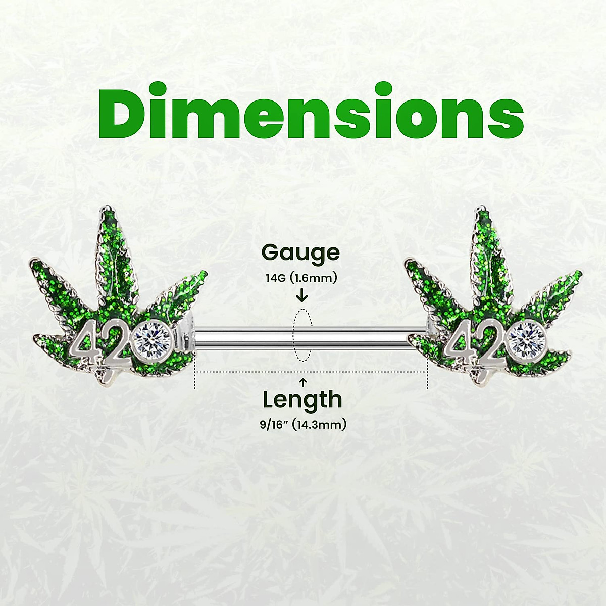 Pierce2GO 14G Nipple Piercing Surgical Stainless-Steel Set of 2 Barbell Marijuana Weed Leaf - 420 Cute Nipple Rings Nipple Piercing Jewelry for Women - 9/16" Barbell (Green)