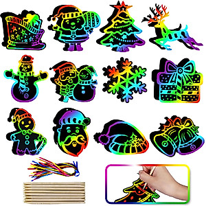 Max Fun Christmas Crafts Scratch Art for Kids, 96PCS Ornaments Rainbow Magic Color Scratch Off Cards Paper Hanging Art Craft Supplies Educational Toys Kit for Kid Party Favor