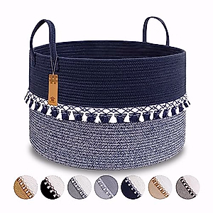 ZuiJia Shenghuo XXXLarge cotton Rope toy Basket-21.7"x21.7"x13.8"Baby Laundry Blanket Basket for storage-Extra Large Toy Bin with Handles-Living Room Bedroom Laundry Tassel Decor basket-Navy blue
