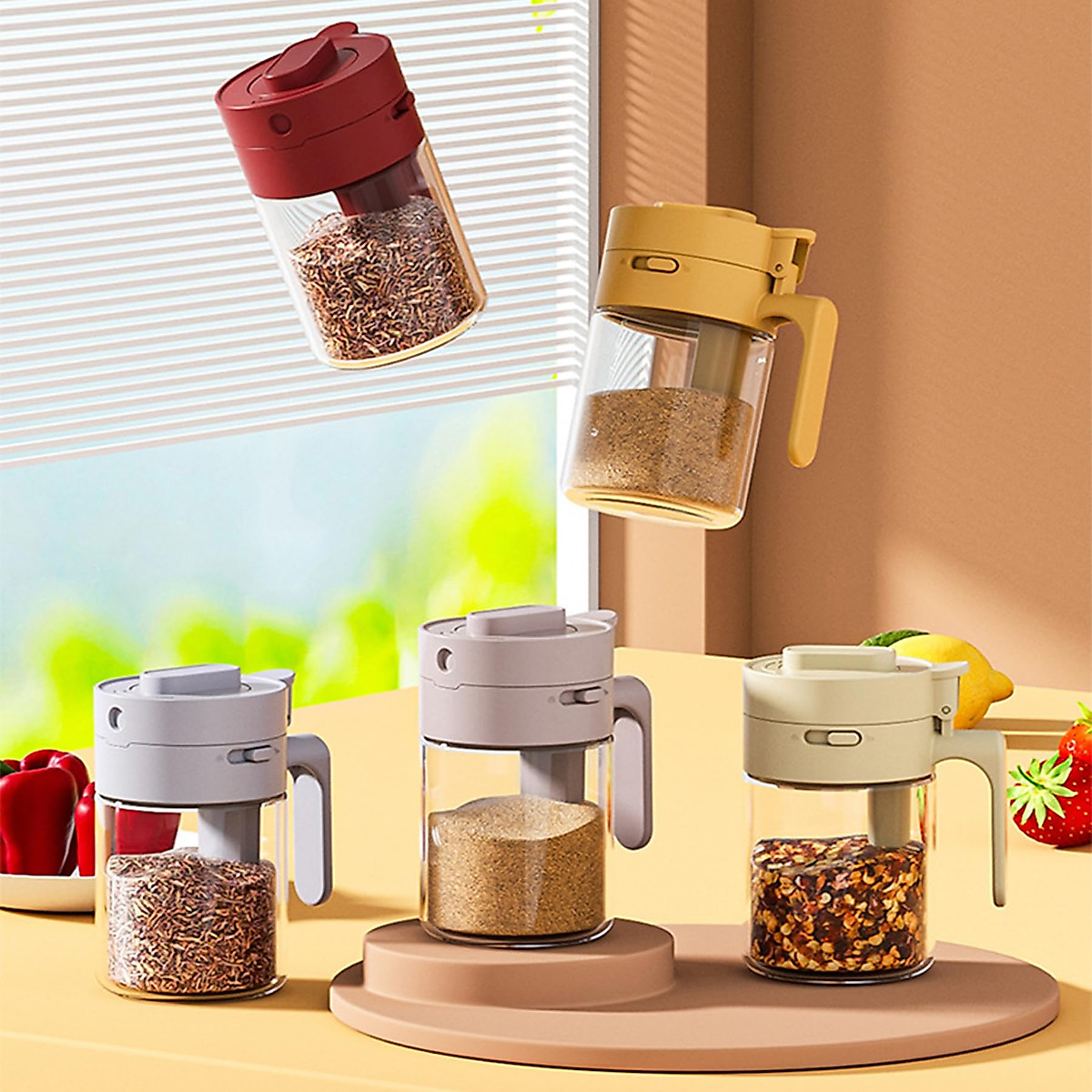 Multifunctional Seasoning Box, Clear Glass Seasoning Jar with Lid and Spoon, Seasoning Container for Home Kitchen with Storage Rack (4-Color-A)