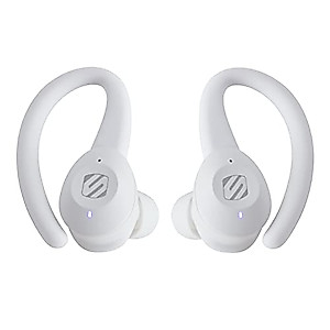 Scosche BTTWS2WT-SP2 ThudBuds Rechargeable Bluetooth 5.0 True Wireless White Earbuds, Magnetic Sport Clips, Wireless Charging Case, USB-C Cable, White