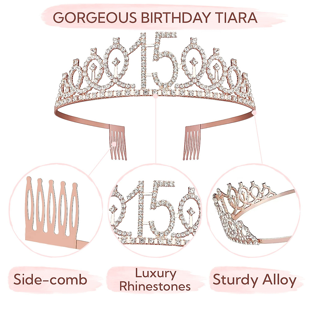 Bella Meri 15th Birthday Gifts for Girls, 15th Birthday Tiara Crown, Sash, Cake Toppers,Birthday Candles, 15 Birthday Decorations Women