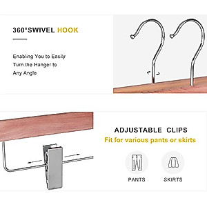 TOPIA HANGER 10 Pack American Red Cedar Natural Wooden Pants Skirt Slacks Bottoms Jeans Hangers with Metal Anti-Wrinkle Adjustable Clips, 360° Stronger Chrome Hooks - CT07P