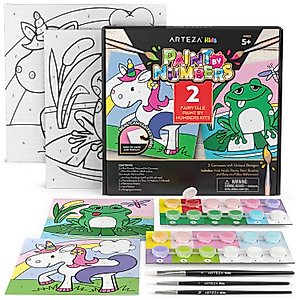 Arteza Kids Paint by Numbers Kit, 10" x 10", Pre-Printed Fairytale Canvas Painting Kit with 2 Canvases, 24 Acrylic Paint Pots, 3 Paintbrushes, Art Supplies for Developing Hand-Eye Coordination, Frog
