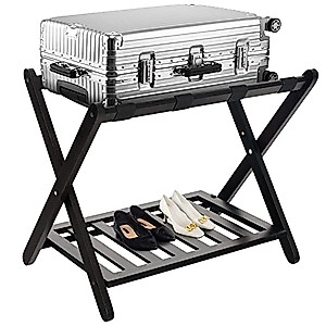 bimiti Bamboo Folding Luggage Rack with Shoe Shelf Double-Layer Luggage Rack Strong Bearing Capacity Luggage Holder for Bedroom,Guest Room,Hotel,Black