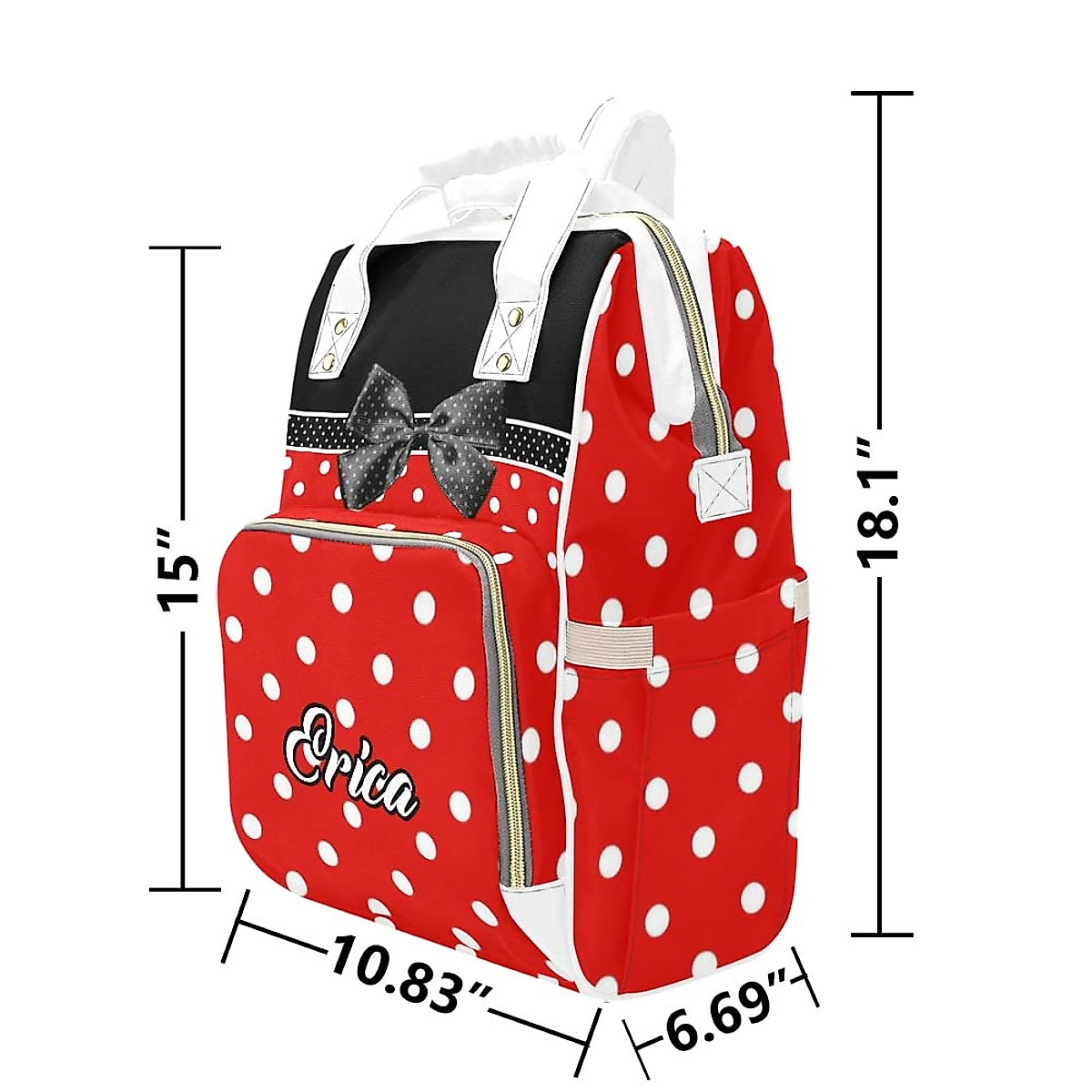 NZOOHY Polka Dots Bow Personalized Name Diaper Bag Tote, Custom Waterproof Nursing Baby Bag Mummy Backpack for Mom Travel Outdoor, 15'' X 10.83'' X 6.69''