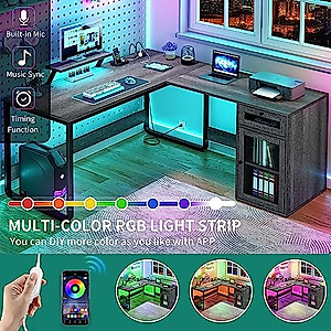 YITAHOME L Shaped Desk with Power Outlets & LED Lights, Reversible Computer Desk with Drawer, Corner Desk Home Office Desk with Monitor Stand and File Cabinet, Gaming Table, Writing Desk, Grey