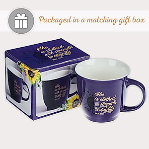 Christian Art Gifts Ceramic Coffee and Tea Mug 14 oz Inspirational Bible Verse Cup for Women: Strength and Dignity - Proverbs 31:25 Lead-Free, Microwave and Dishwasher Safe, Purple Sunflower