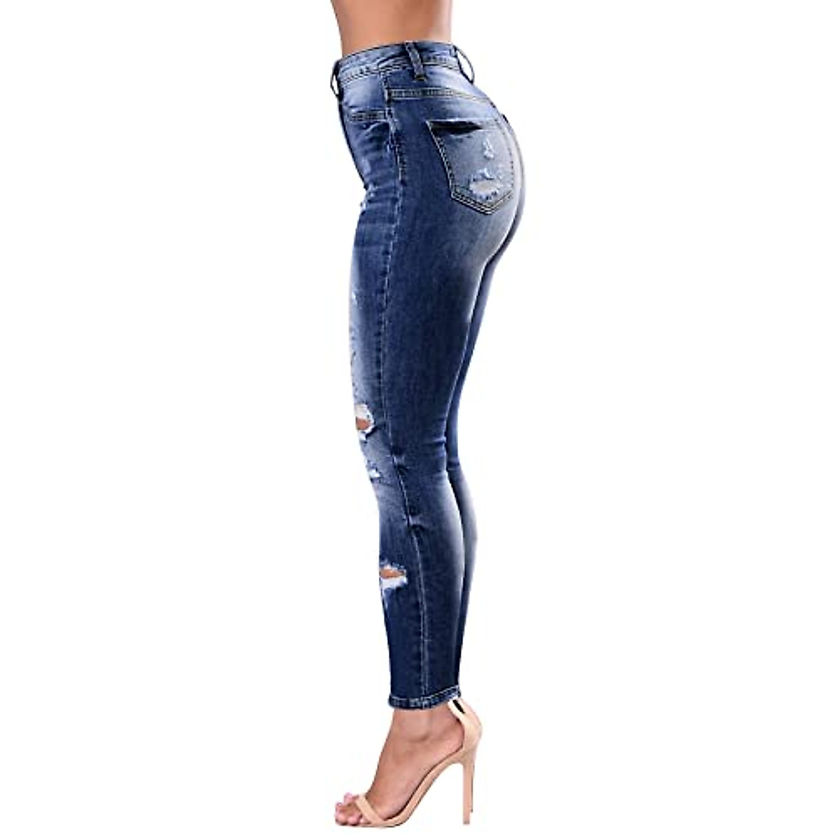 AMRSPENG Women's Ripped Jeans for Women High Waisted Jeans Distressed Jeans for Women Stretch Denim Pants Dark Blue Size 12