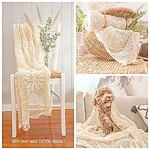 Zenviro Boho Throw Blanket - Beige, Cream Crochet Blankets - Hand Knitted Blanket - Couch Sofa Bed Blanket - Vintage Lace Blanket (50"x60")